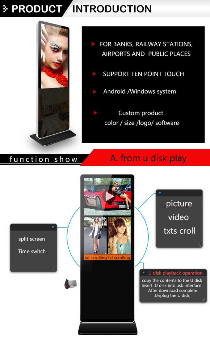 FHD Indoor Advertising LED Display , 65 Inch Touch Screen Stand Alone ...
